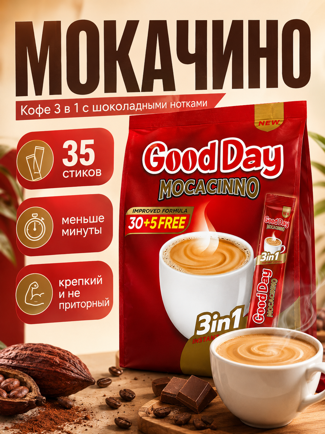 Кофе 3 в 1 Good Day Макачино, растворимый напиток с какао, 35 стиков по 20 г.
