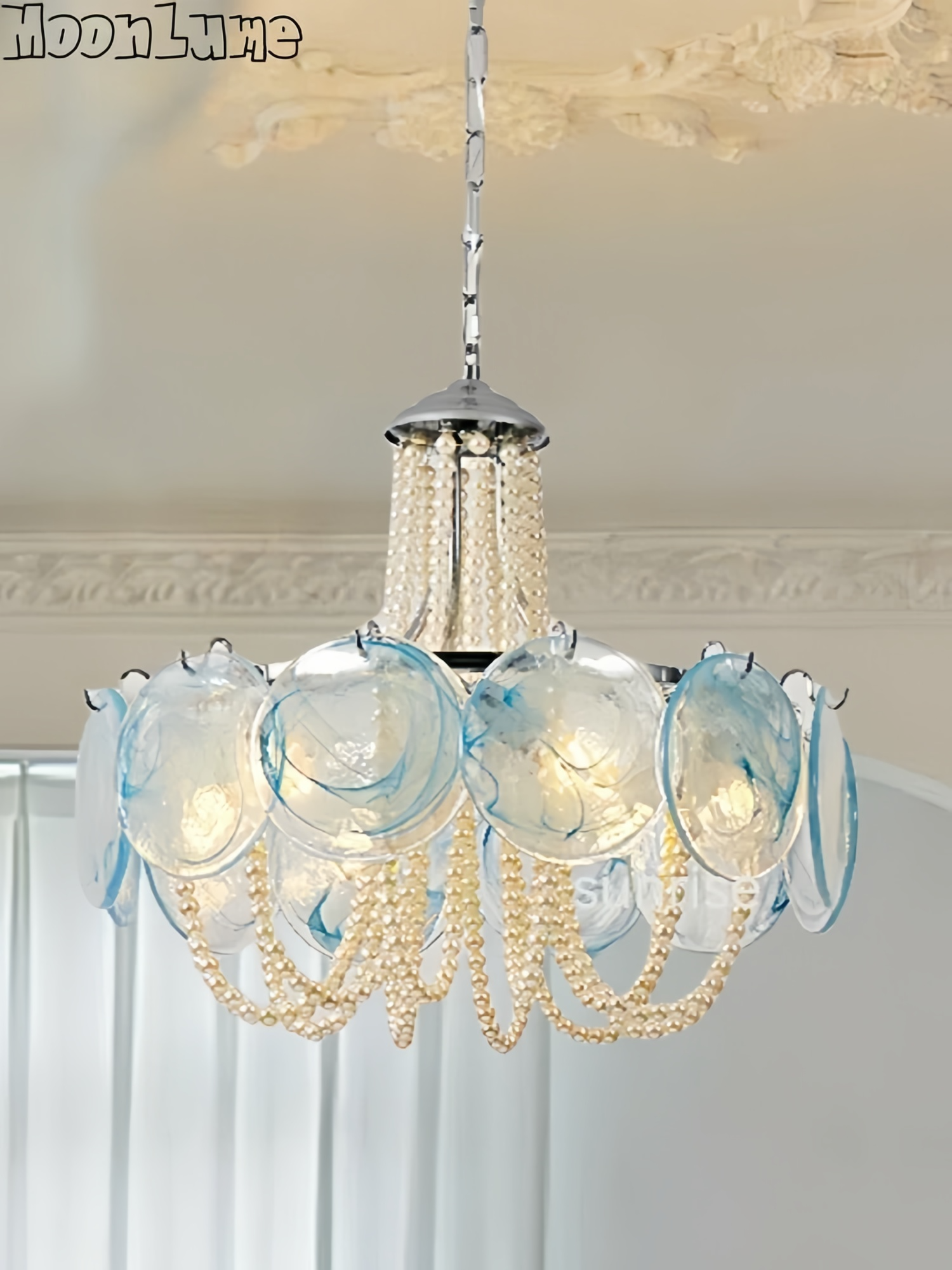 Люстра MoonLume, E14, LED, 15-20 кв. м, стекло, ручная работа, с жемчугом，синий,60cm