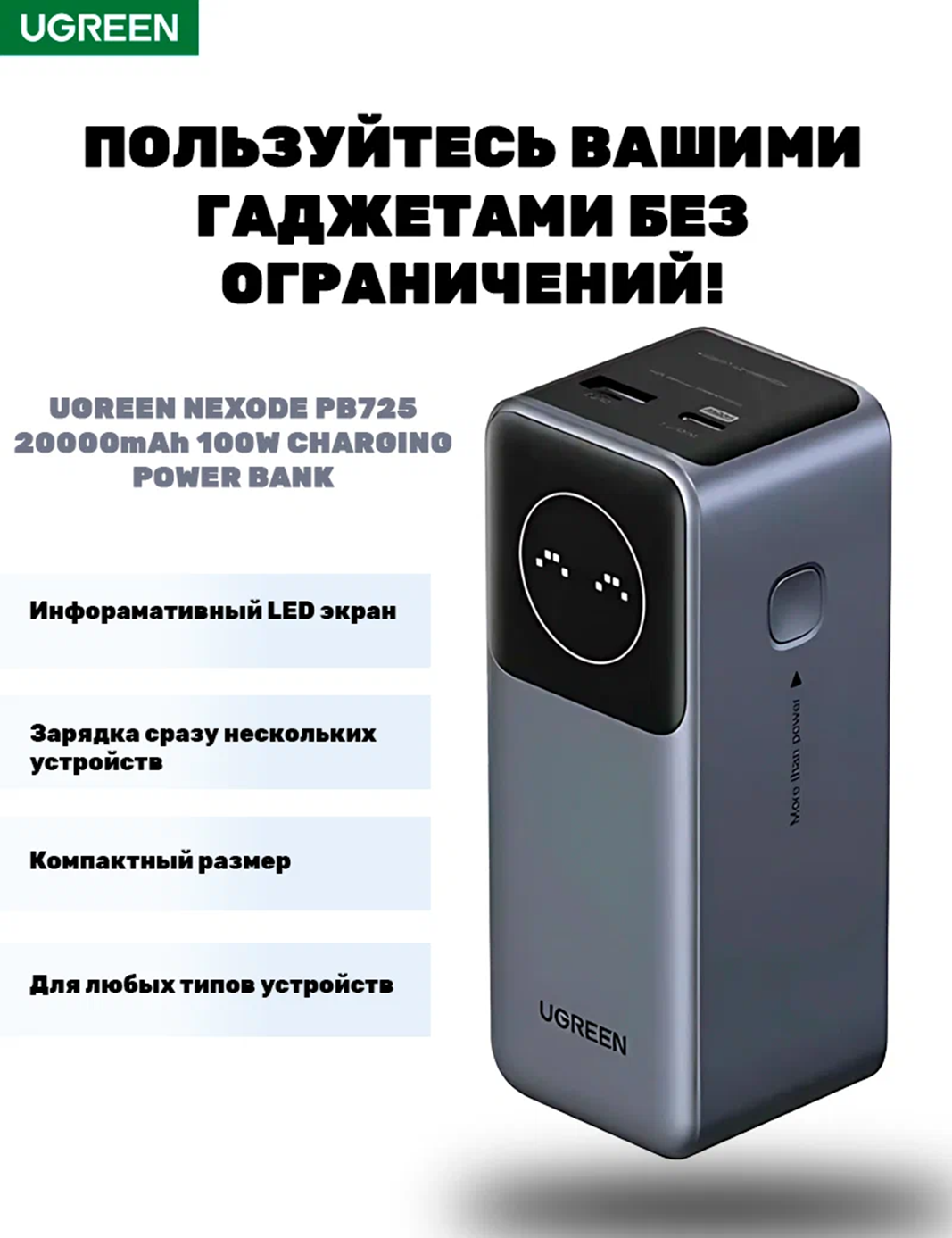 Внешний аккумулятор UGREEN PB725 45208 20000 mAh 100 Вт (Ugreen 100W Fast Charging Power Bank)