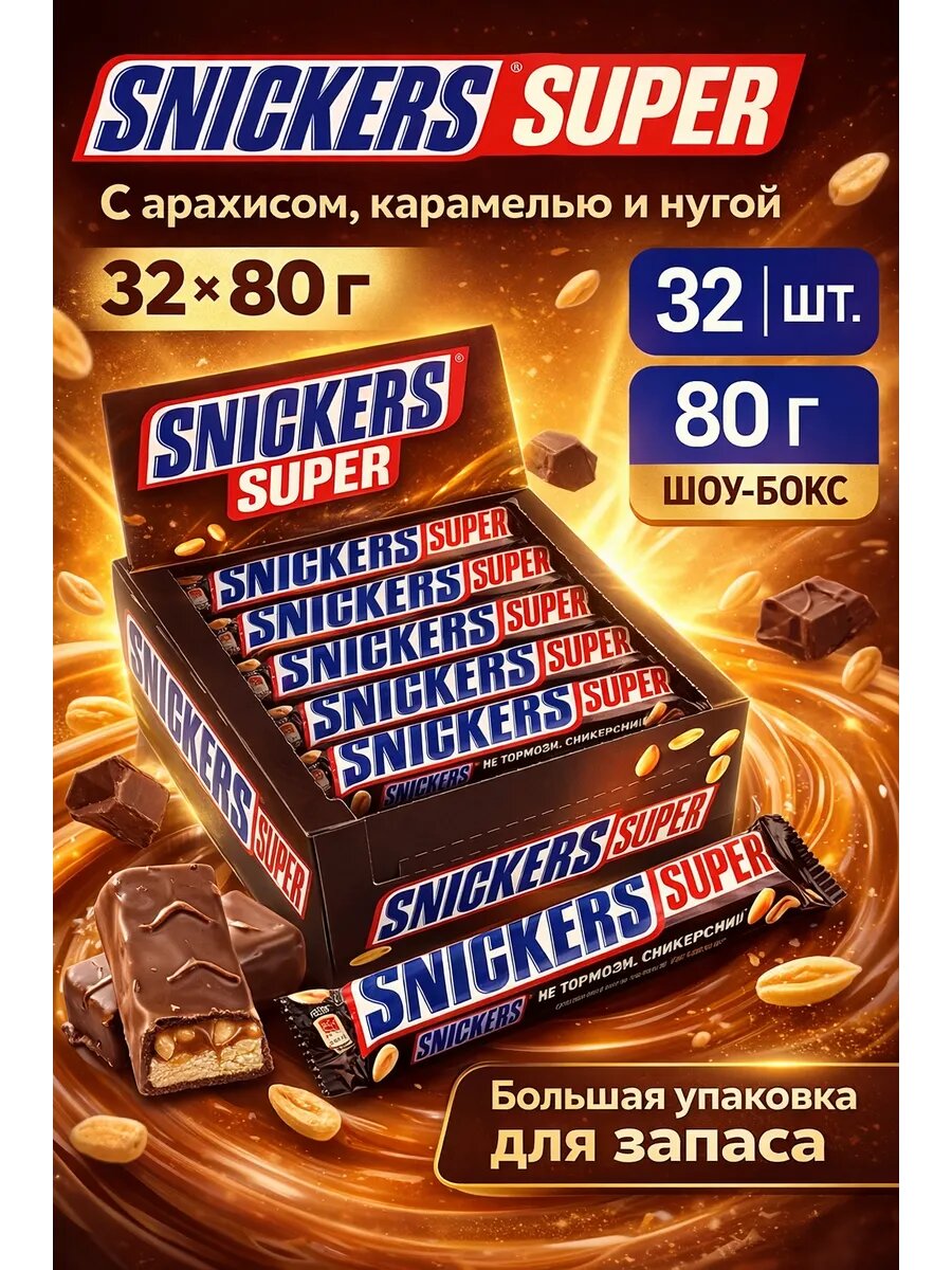 Батончик шоколадный Сникерс Супер 80 гр. 32 шт.