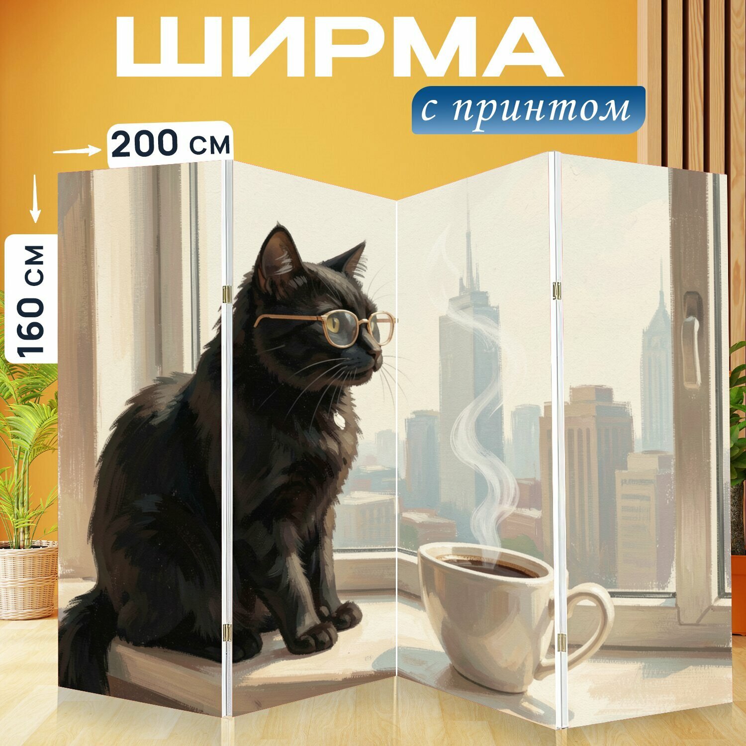 Ширма "Черный кот в очках сидит на подоконнике рядом с кружкой горячего кофе, от чашки поднимается тонкий пар." перегородка для зонирования комнаты с принтом 200x160 см. на холсте