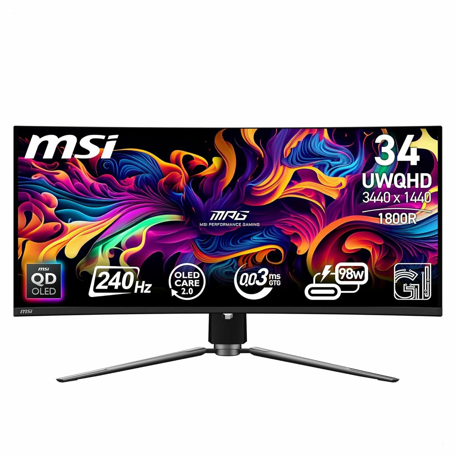 34.18" Монитор игровой MSI MPG 341CQPX QD-OLED, 3440x1440 (UWQHD), 240 гц, радиус кривизны 1800R, 0,03 мс (GtG), черный