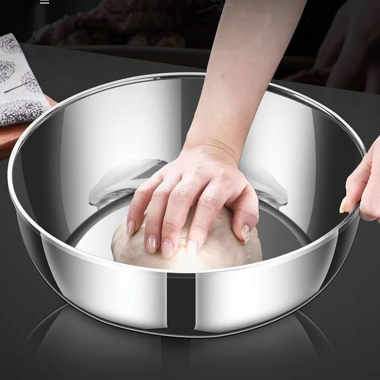 Утолщенная миска из нержавеющей стали для кухни, домашней выпечки, замешивания теста, мытья салата, взбивания яиц, с крышкой. (Цвет товара: 【32 см】миска для замешивания из нержавеющей стали)