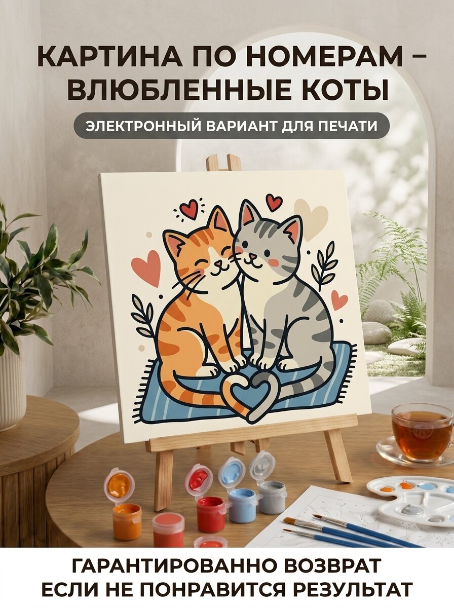 Картина по номерам "Влюбленные коты", на холсте, PDF-инструкция