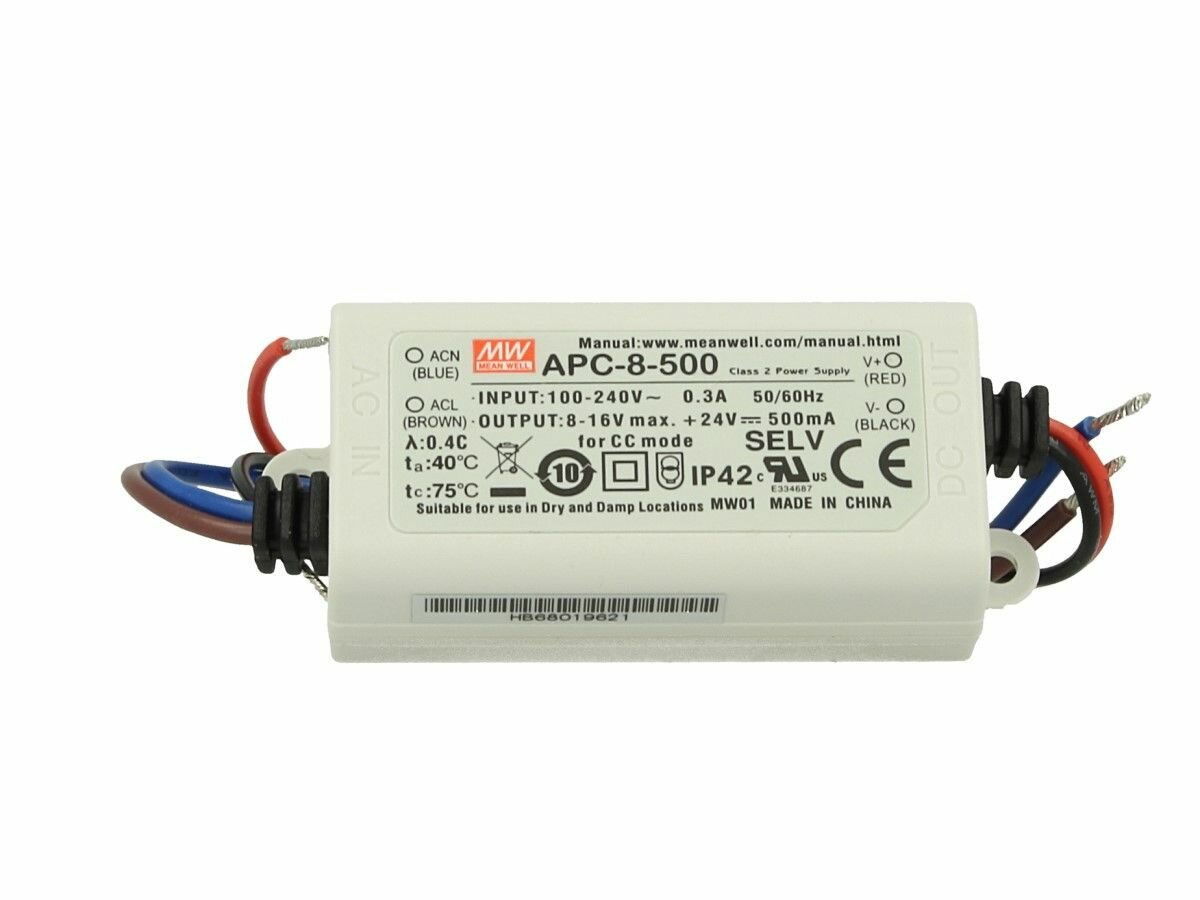 APC-8-500, AC/DC LED, 8-16В,0.5А,8Вт, IP42 блок питания для светодиодного освещения
