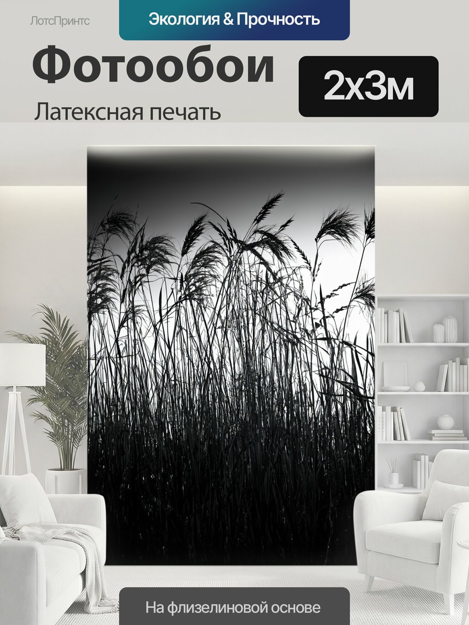 Фотообои моющиеся ударопрочные "Черно-белый, показывающие высокие травы и цветы в кромешной тьме, где техника теней и контуров активно." 200x300 см. латексная печать