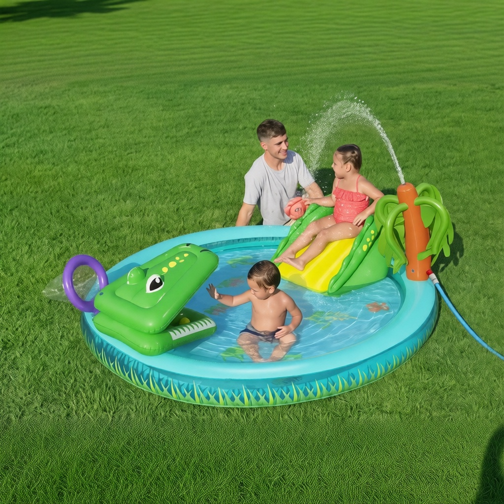 Игровой центр Bestway 53166, "Крокодиловая бухта", с горкой, игрушками, надувной, 224×181×72 см