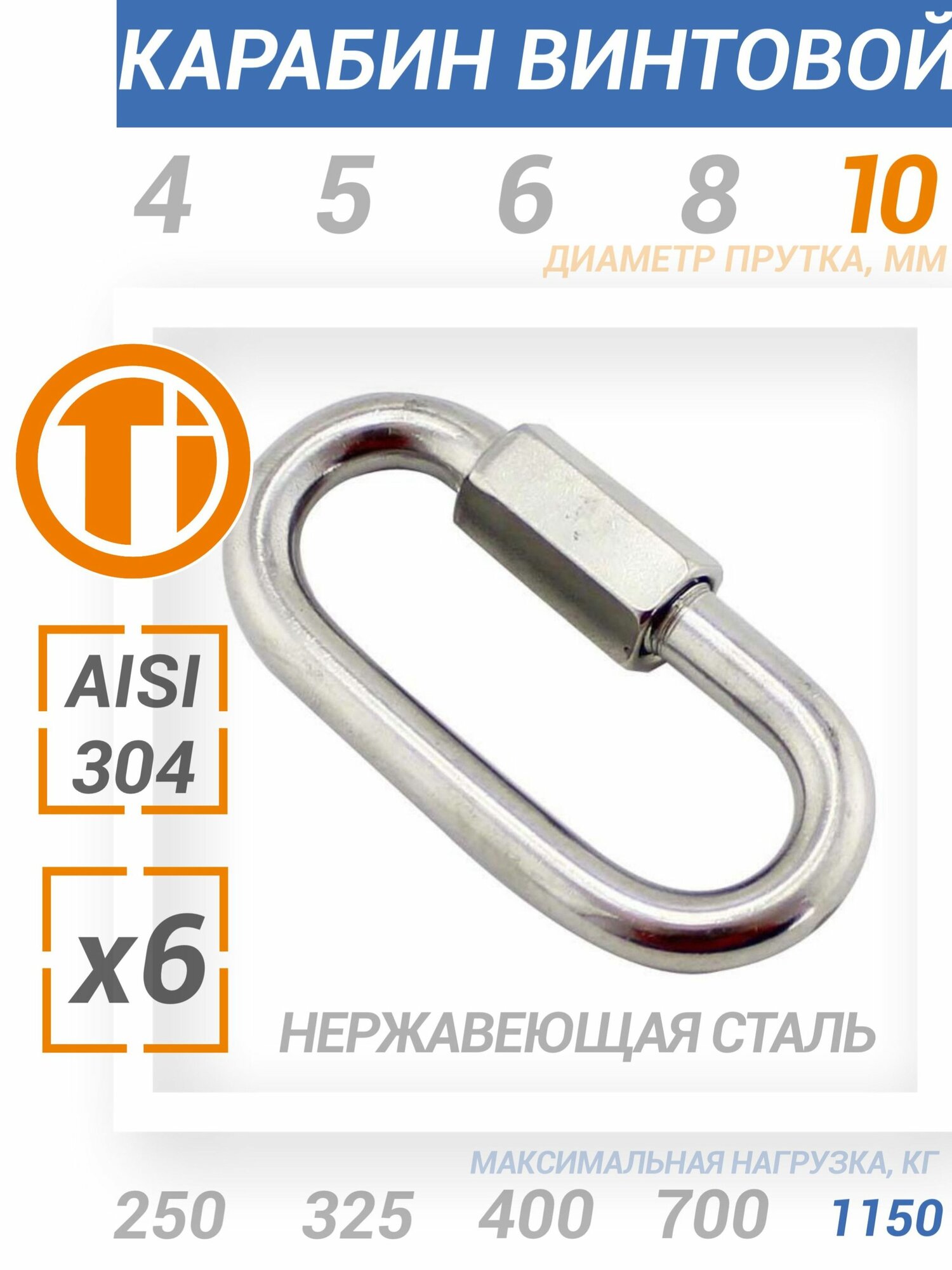 Карабин винтовой из нержавеющей стали 10 мм 6шт