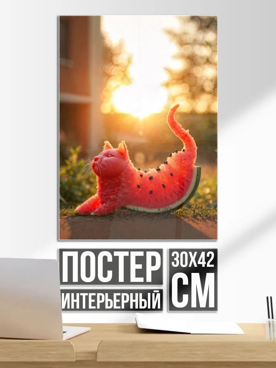 Постер на стену Красный арбузный кот