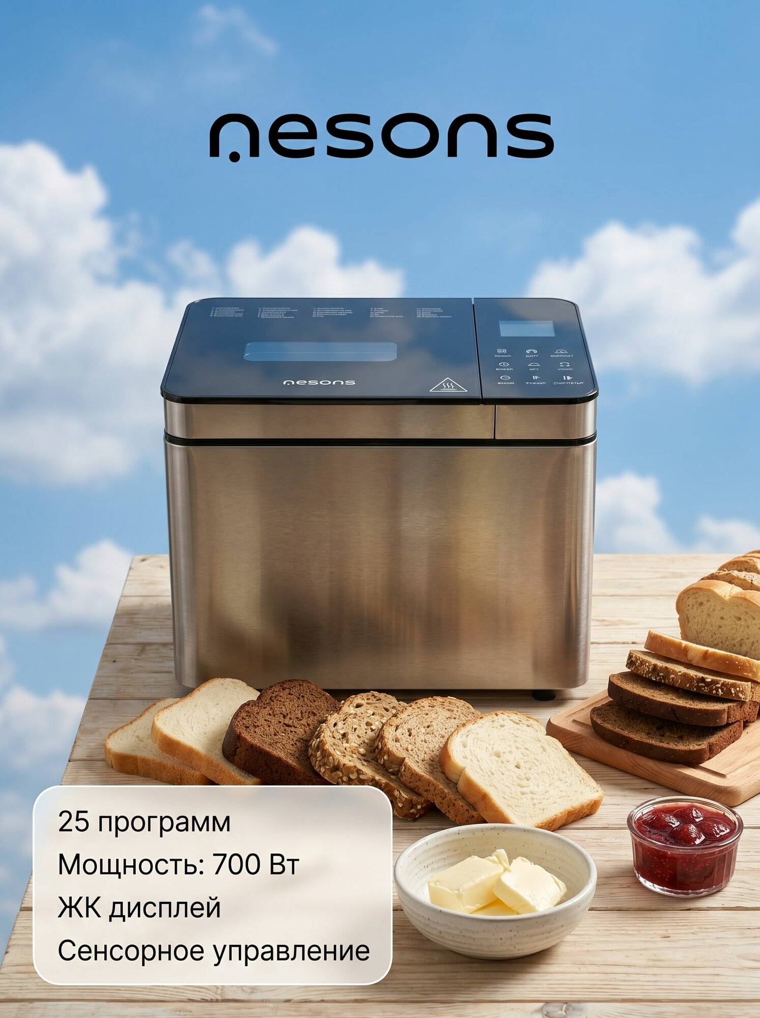 Хлебопечка с замесом теста 25 режимов, 700 Вт, NESONS NS-BM901SGAN