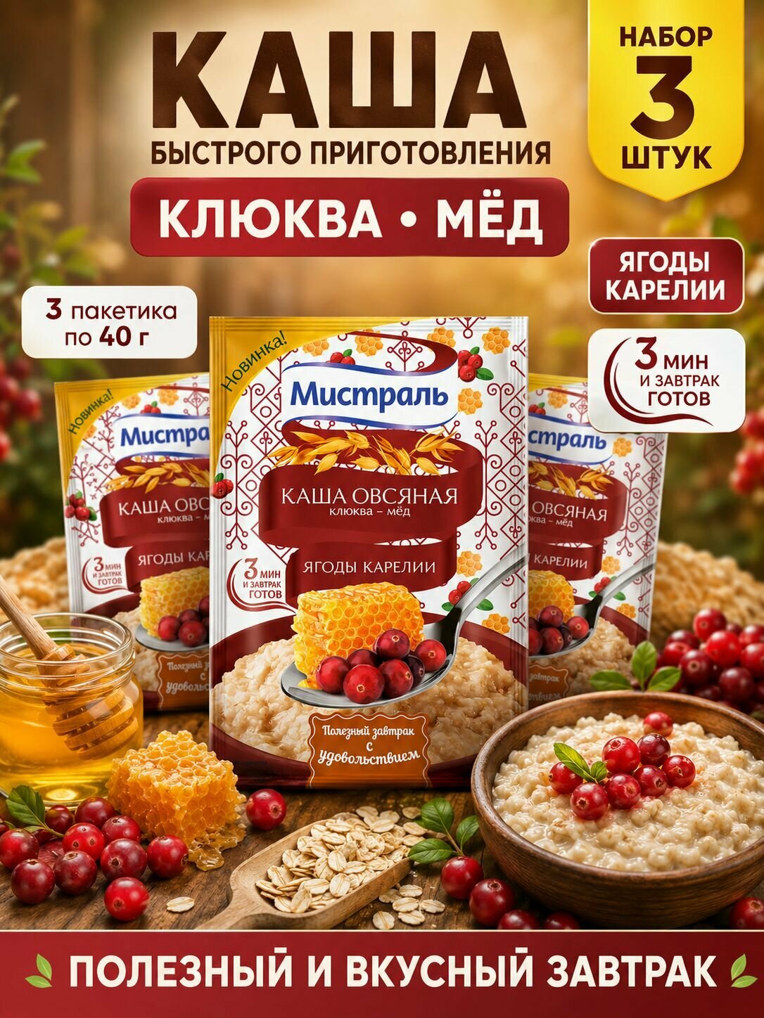 Каша овсяная Мистраль Ягоды Карелии, быстрого приготовления, набор 3 шт по 40 г