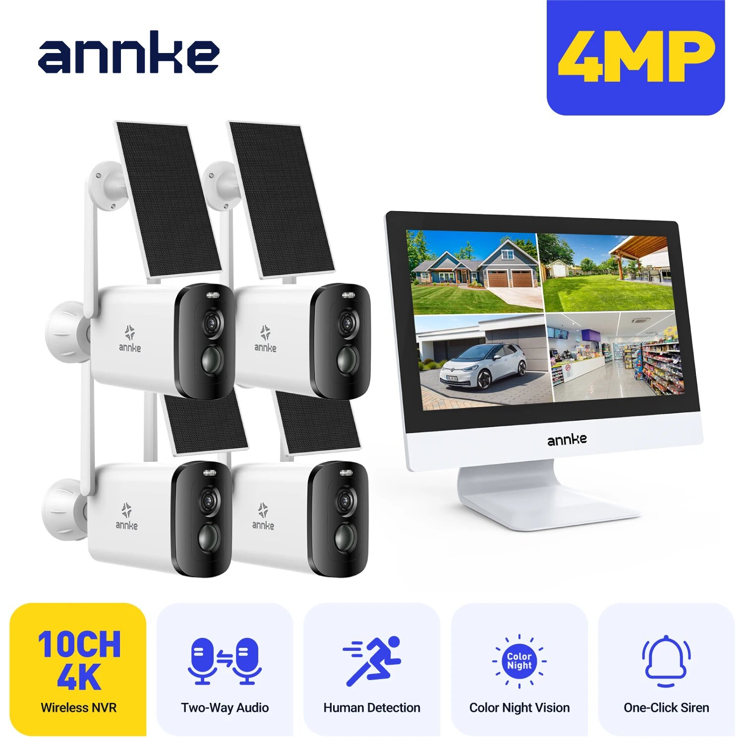 Камеры безопасности Annke 4MP на солнечную энергию, 10-канальный NVR, камеры безопасности Wi-Fi PTZ 2.4G 5.8G 5MP, камера с ИК-датчиком движения и цветным ночным видением, камера безопасности Wi-Fi