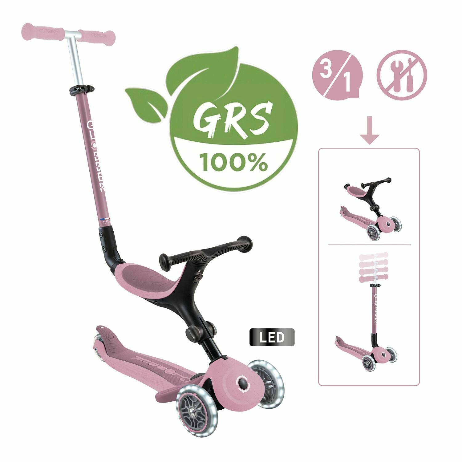 DECATHLON самокат Globber GO-UP ACTIVE LIGHTS, розовый