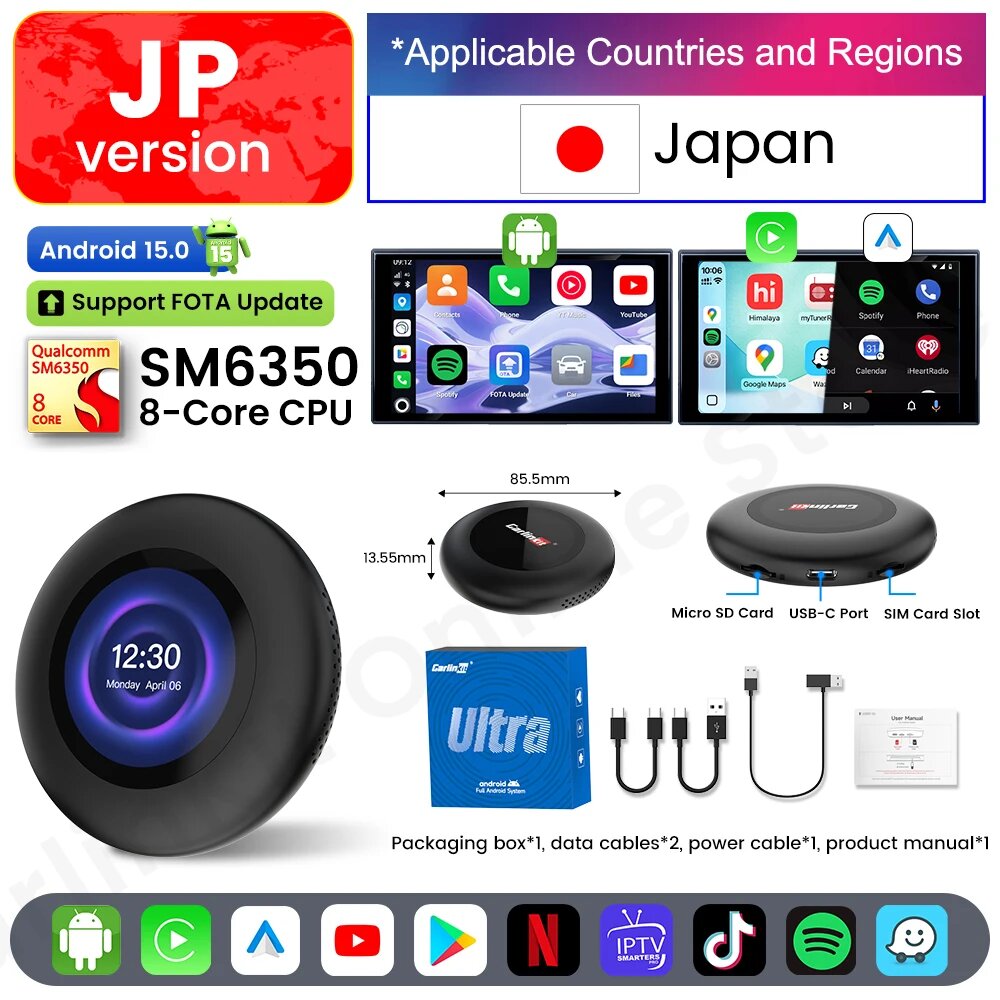 CarlinKit Ultra3 Ai Box Android 15 SM6350 Беспроводной адаптер Carplay Android Auto для BMW Ford Vw Mercedes с поддержкой Netflix YouTube IPTV