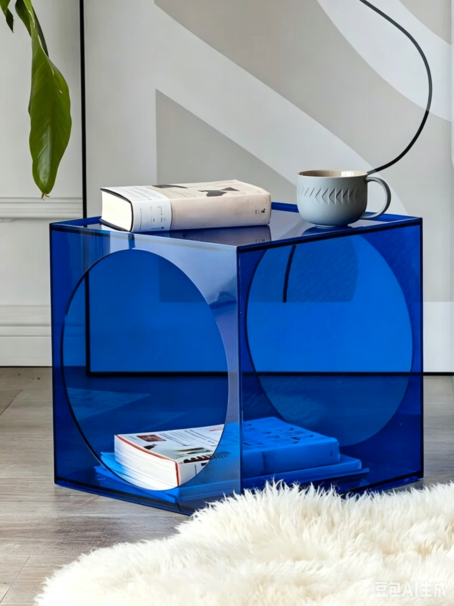 Тумба прикроватная, акриловая, синяя, прозрачная, современная CUBE