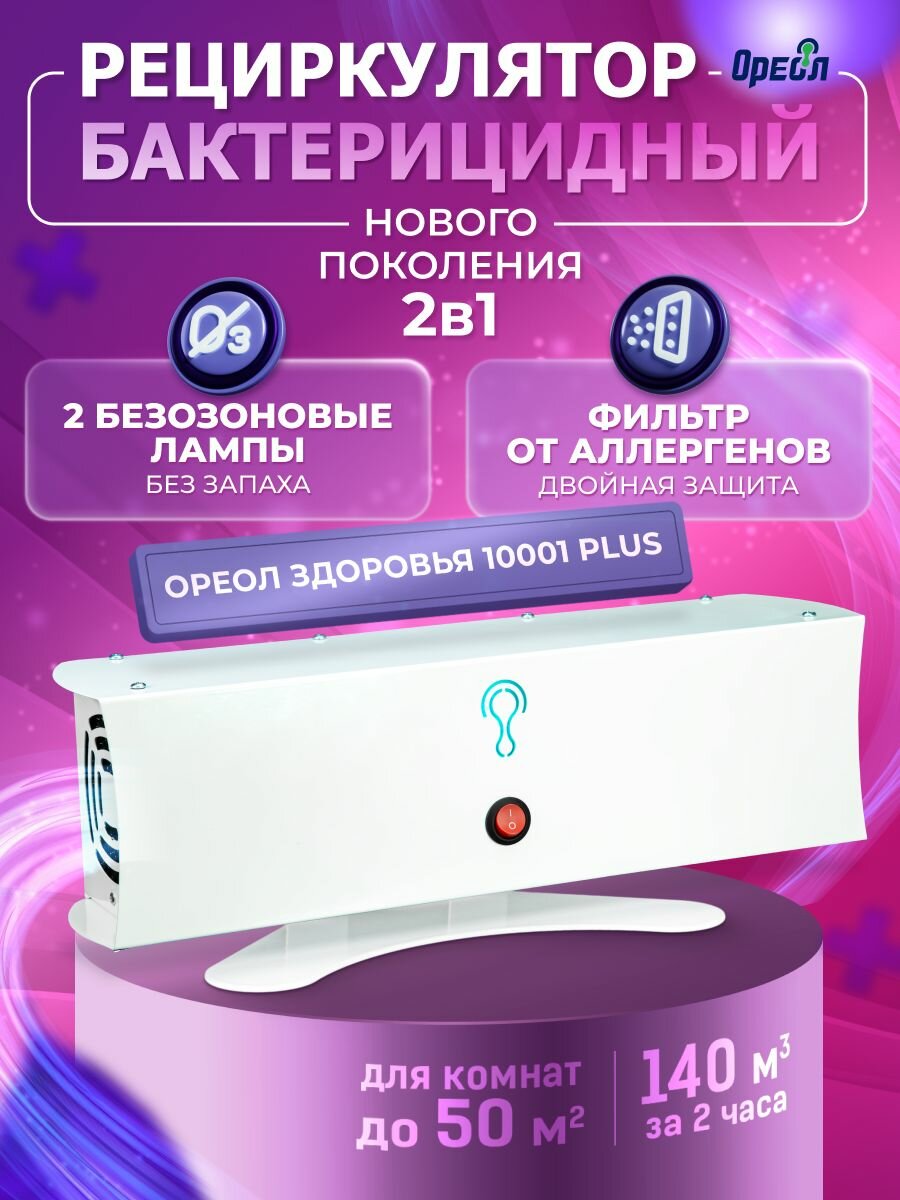 Рециркулятор бактерицидный Ореол Здоровья 10001 для дома, ультрафиолетовая лампа кварцевая, обеззараживатель воздуха медицинский