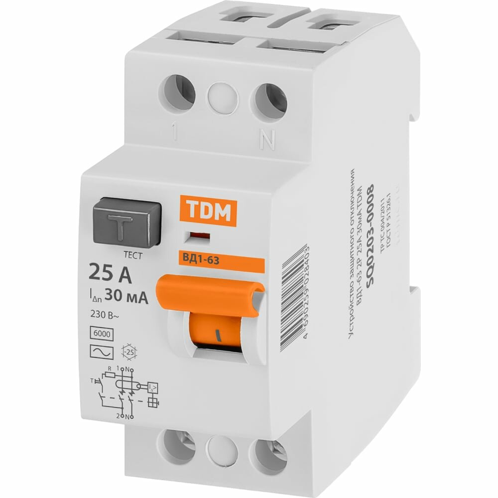Устройство защитного отключения TDM ELECTRIC ВД1-63 2Р 25А 30мА SQ0203-0008