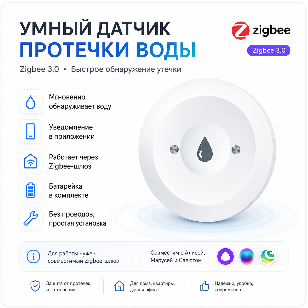 Умный датчик протечки воды Zigbee 3.0, совместим с Яндекс Алисой, Марусей, Салют