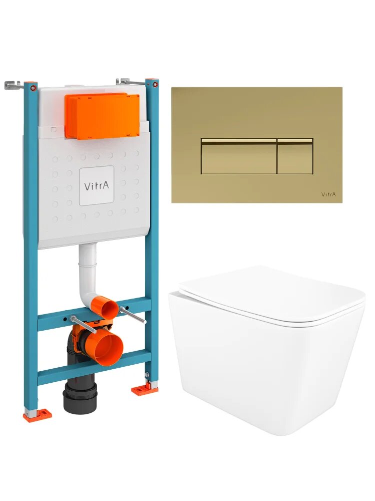 Комплект 5 в 1: Инсталляция VitrA Ви-Фикс Кор (V-Fix Core) 732-5800-01 / Унитаз подвесной STWORKI Молде S23401WH / Сиденье с микролифтом, Кнопка Рут Скуэр (Root Square) 740-2324, золото глянец, Комплект креплений