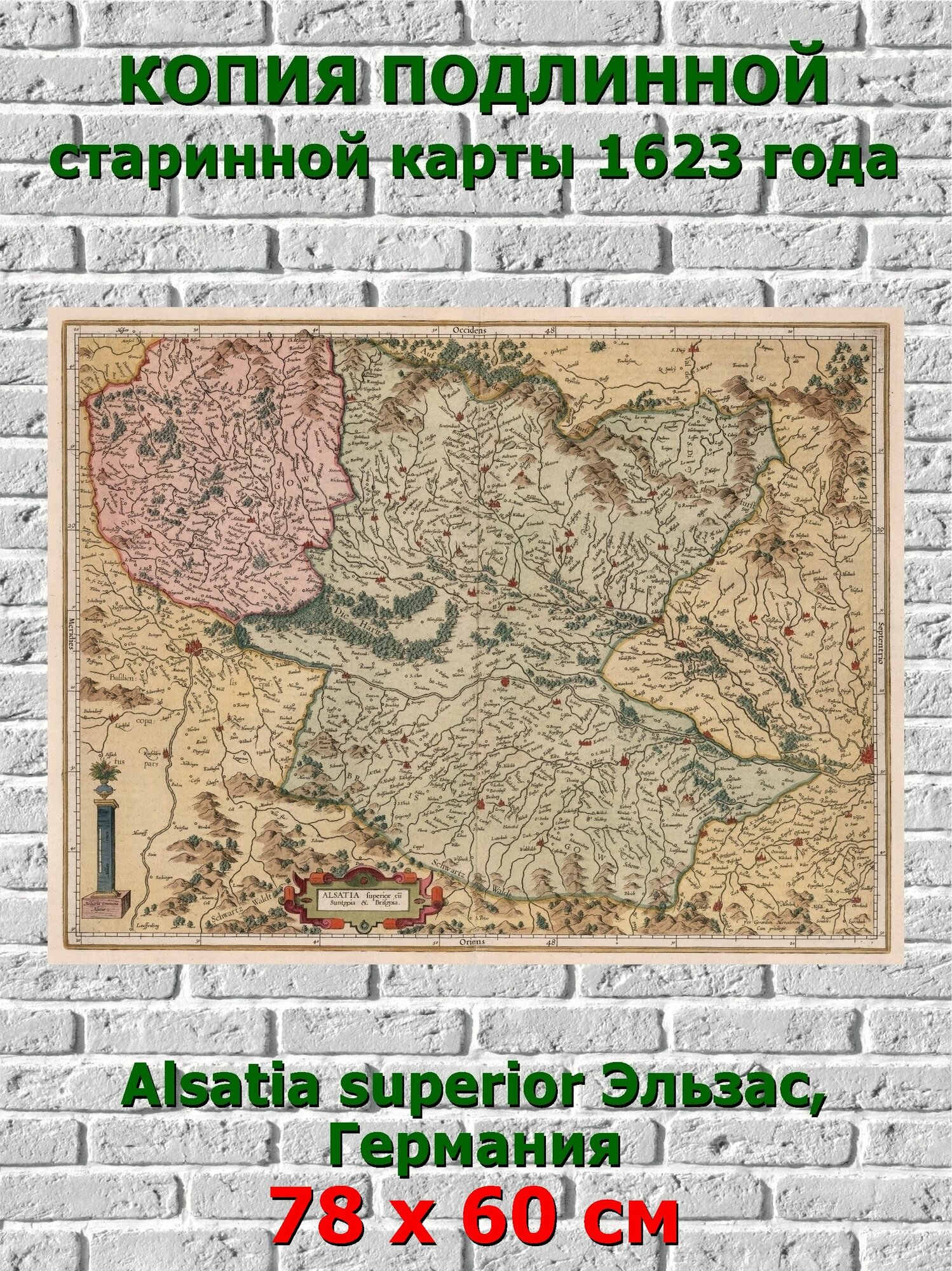 Старинная, 1623 года Карта Alsatia superior cu Suntgoia & Brisgoia. Эльзас, Германия.