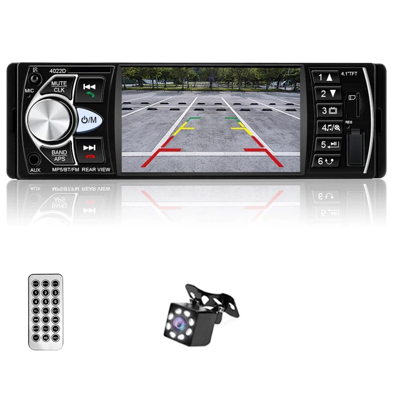 Автомагнитола Hippcron 4.1 дюйма, 1 DIN, Bluetooth, стерео, поддержка FM, With 8 LED Camera