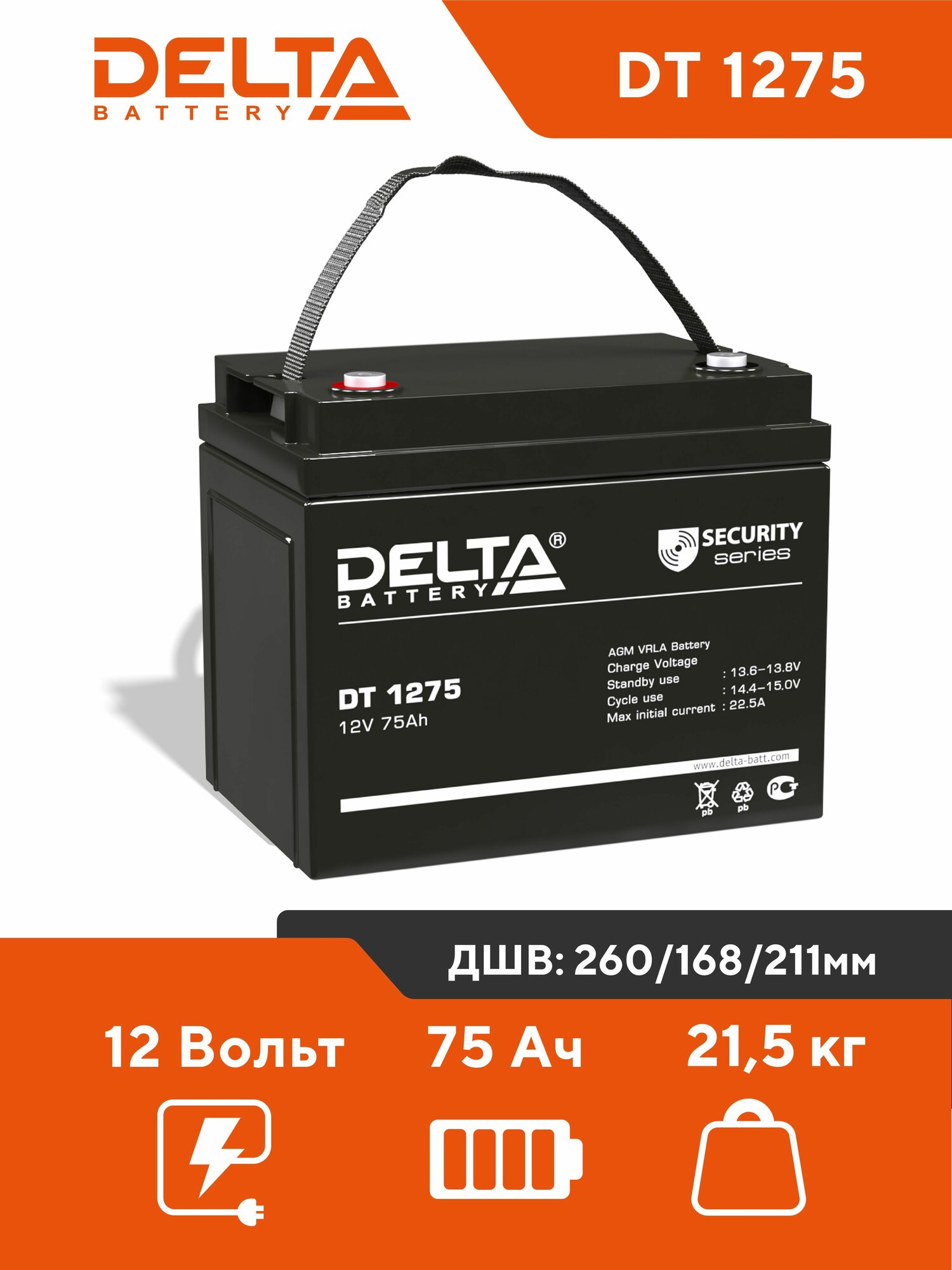 Аккумулятор Delta DT 1275 12V 75Ah AGM VRLA