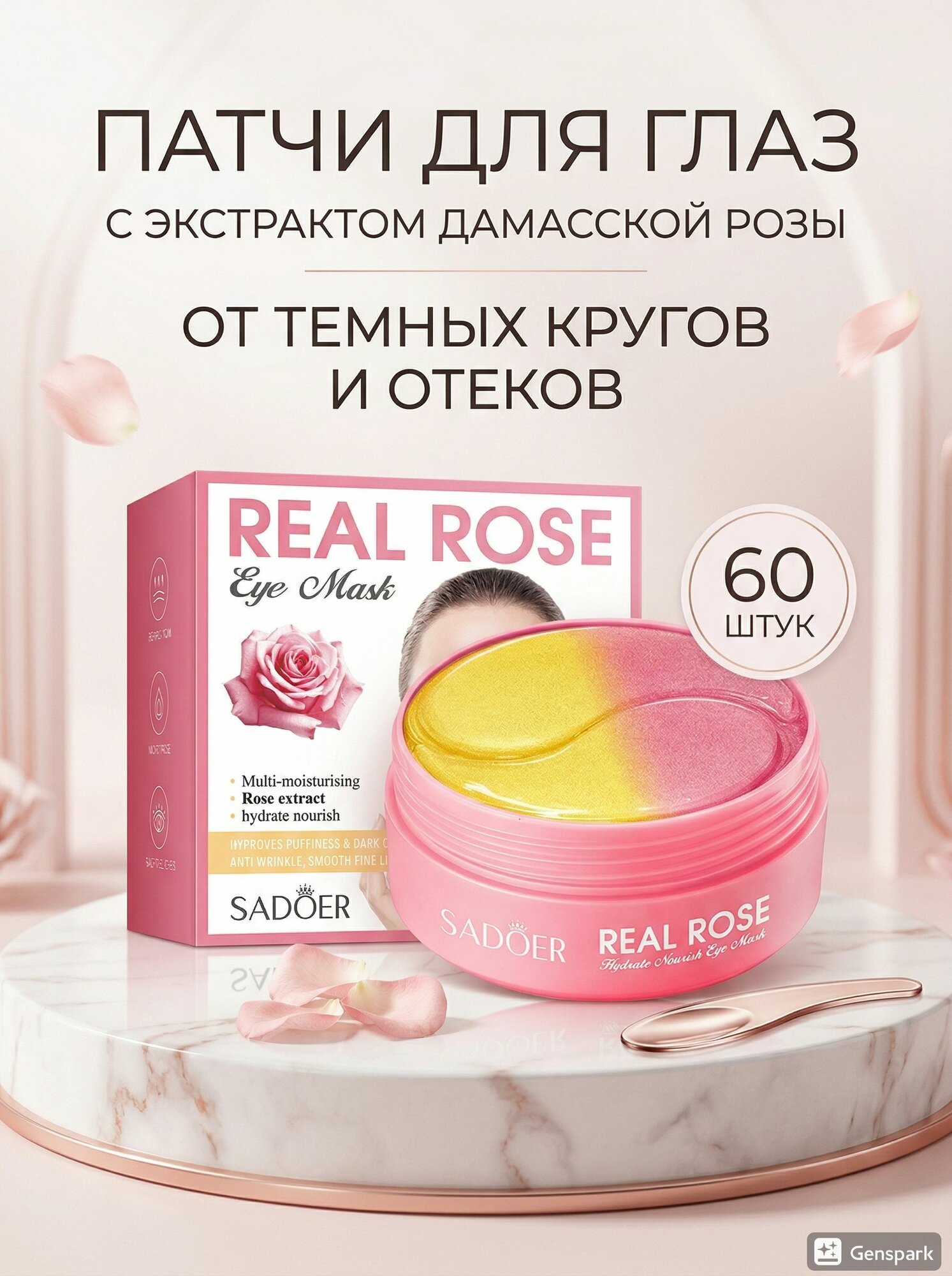 Патчи для глаз; патчи SADOER с экстрактом розы 60 шт.