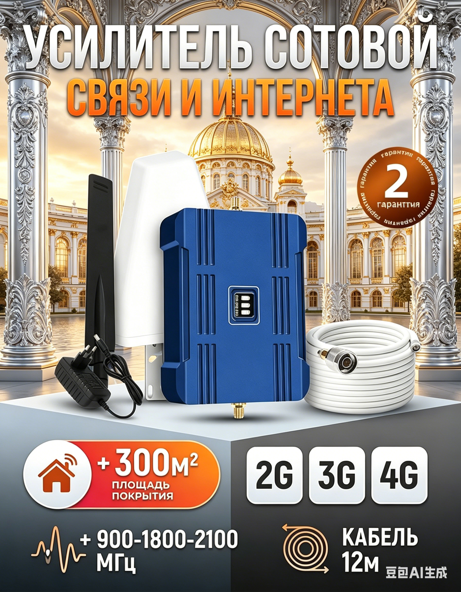 Усилитель сотовой связи 900/1800/2100 МГц (2G/3G/4G): до 70 км, направленный, синий, 1.3 кг