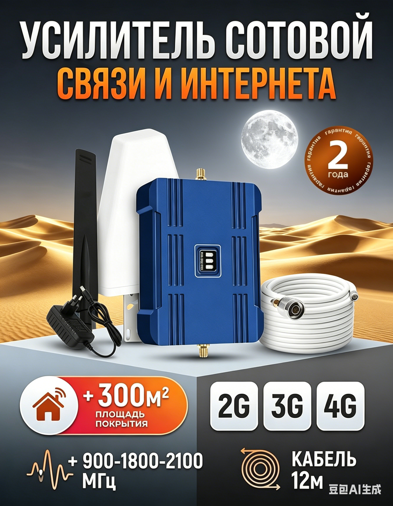 Усилитель сотовой связи 900/1800/2100 МГц (2G/3G/4G): до 70 км, направленный, синий, 1.3 кг