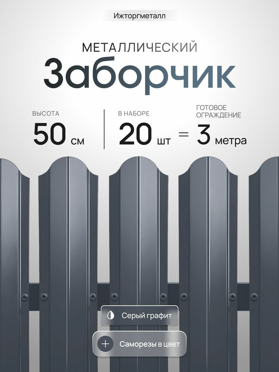 Заборчик металлический полукруглый, односторонний, оцинкованный, 98 мм, RAL 7024 серый графит, высота 50 см, упаковка 20 шт, для заборчика, серия Ижторгметалл