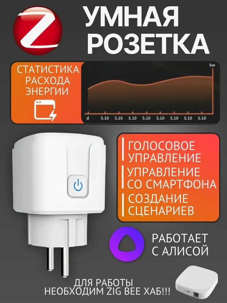 Умная розетка ZigBee с Алисой, контроль расхода энергии, управление смартфоном, 16 А