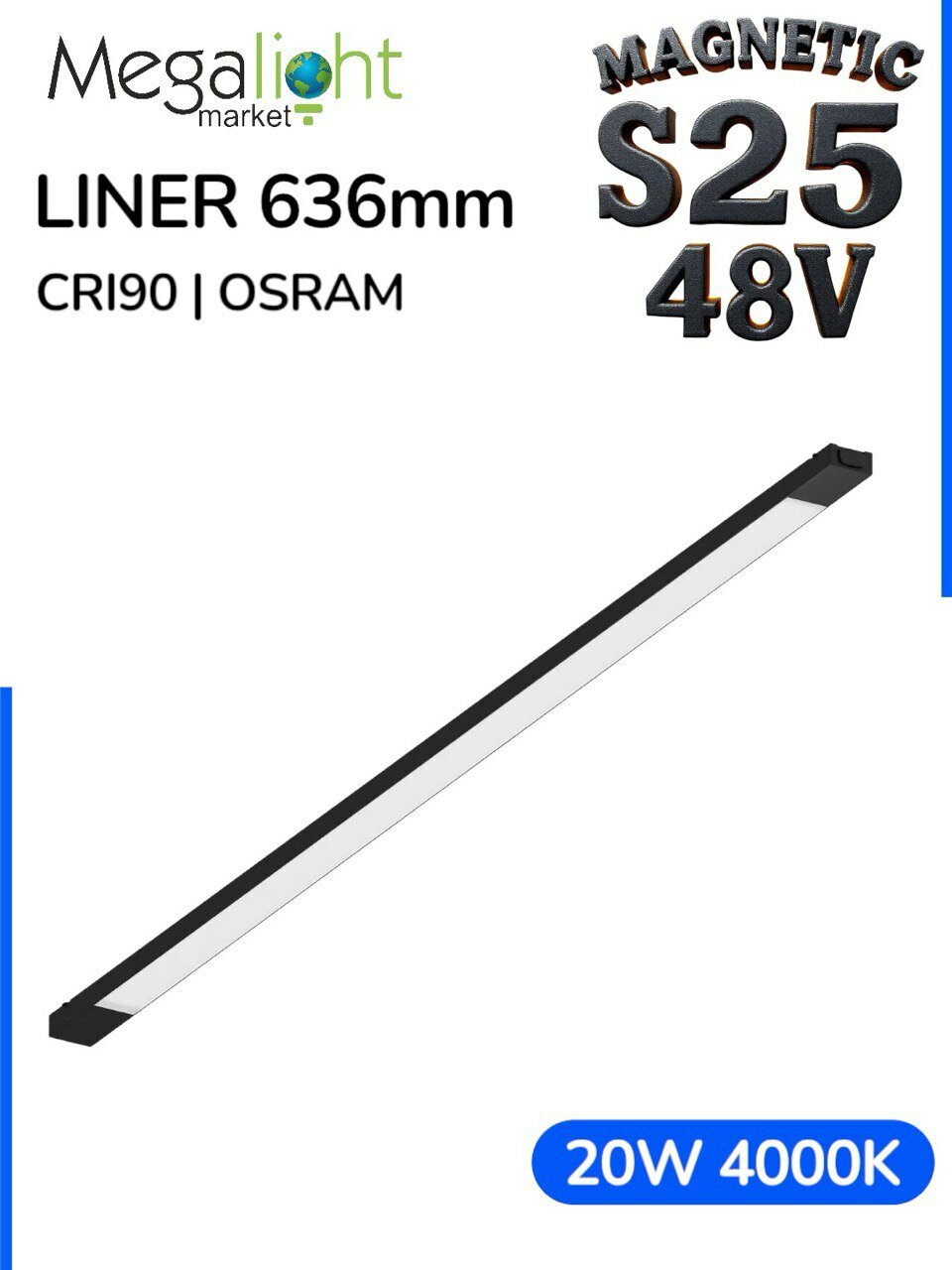 Трековый магнитный светильник LINER MAGNETIC S25 20W 4000К дневной белый Черный на магнитный шинопровод MAGNETIC S25 48V 2TRA/ Угол света 120 град. 20Вт LED CRI90 IP20 636 мм