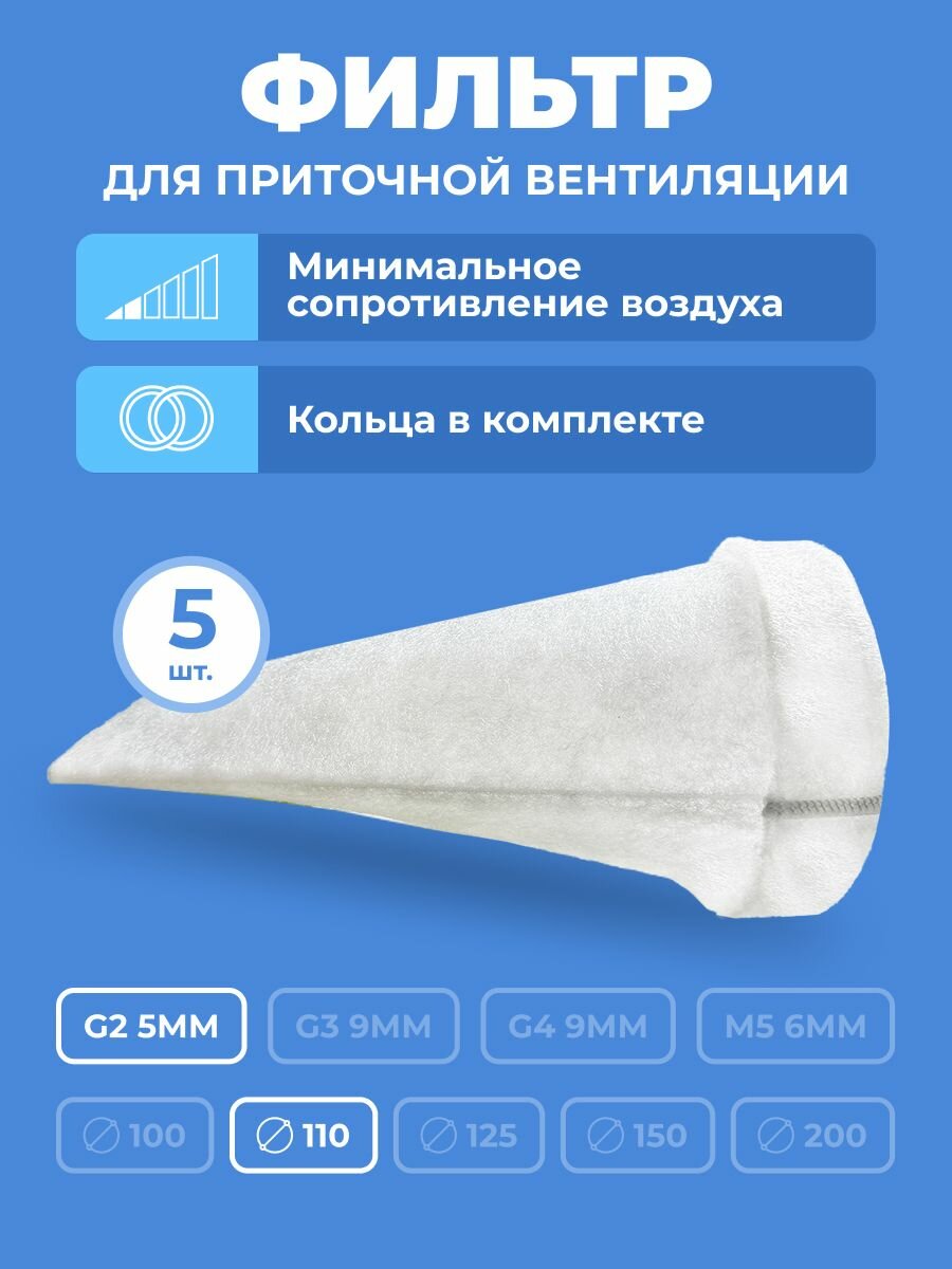 Фильтр канальный G2 110мм для приточной вентиляции в комплекте 5 штук, фильтр для бризера