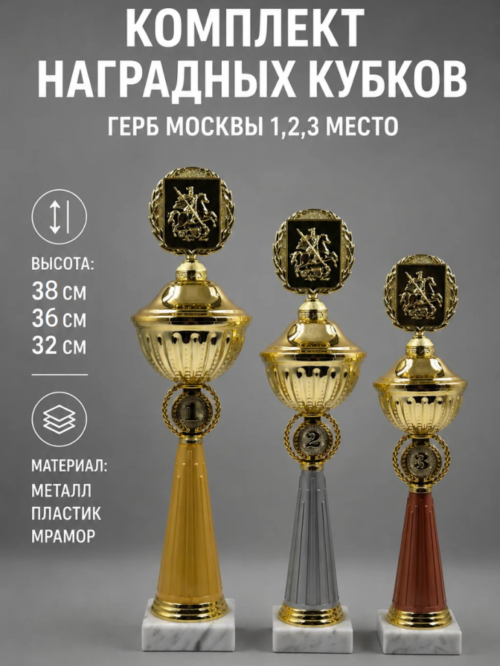 Комплект наградных кубков (золото, серебро, бронза) герб Москвы