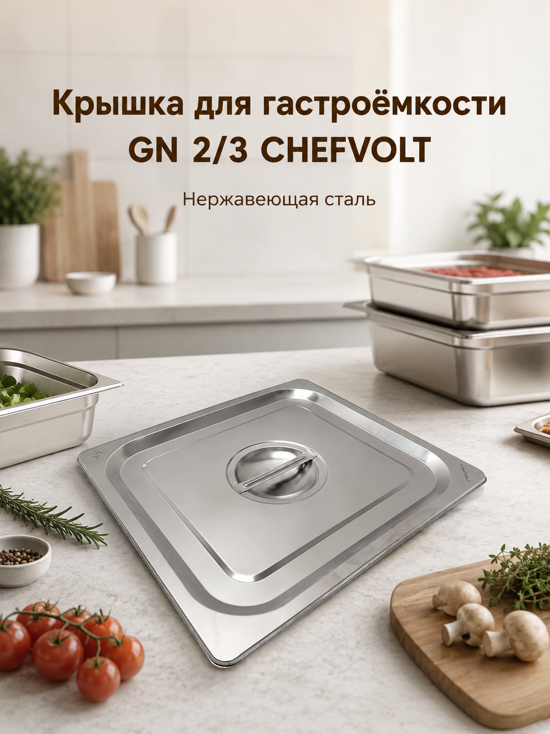 Крышка для гастроемкости GN 2/3, нержавеющая сталь CHEFVOLT