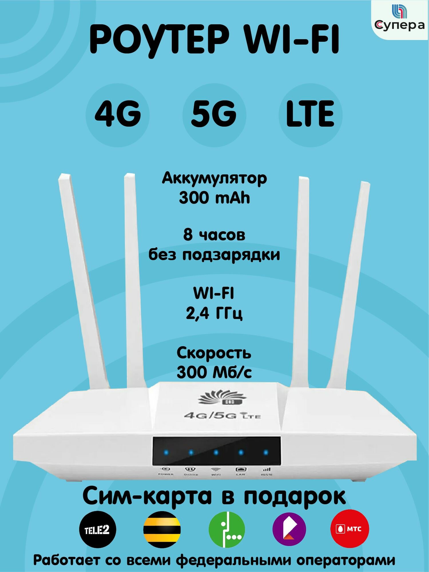 Роутер WiFi с сим картой 4G 5G LTE с аккумулятором 3000 mAh