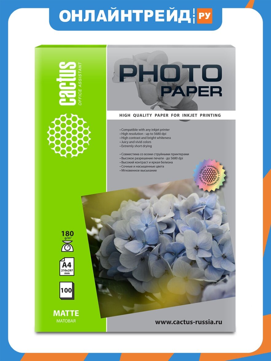 Фотобумага Cactus CS-MA4180100 A4/180г/м2/100л./белый матовое для струйной печати