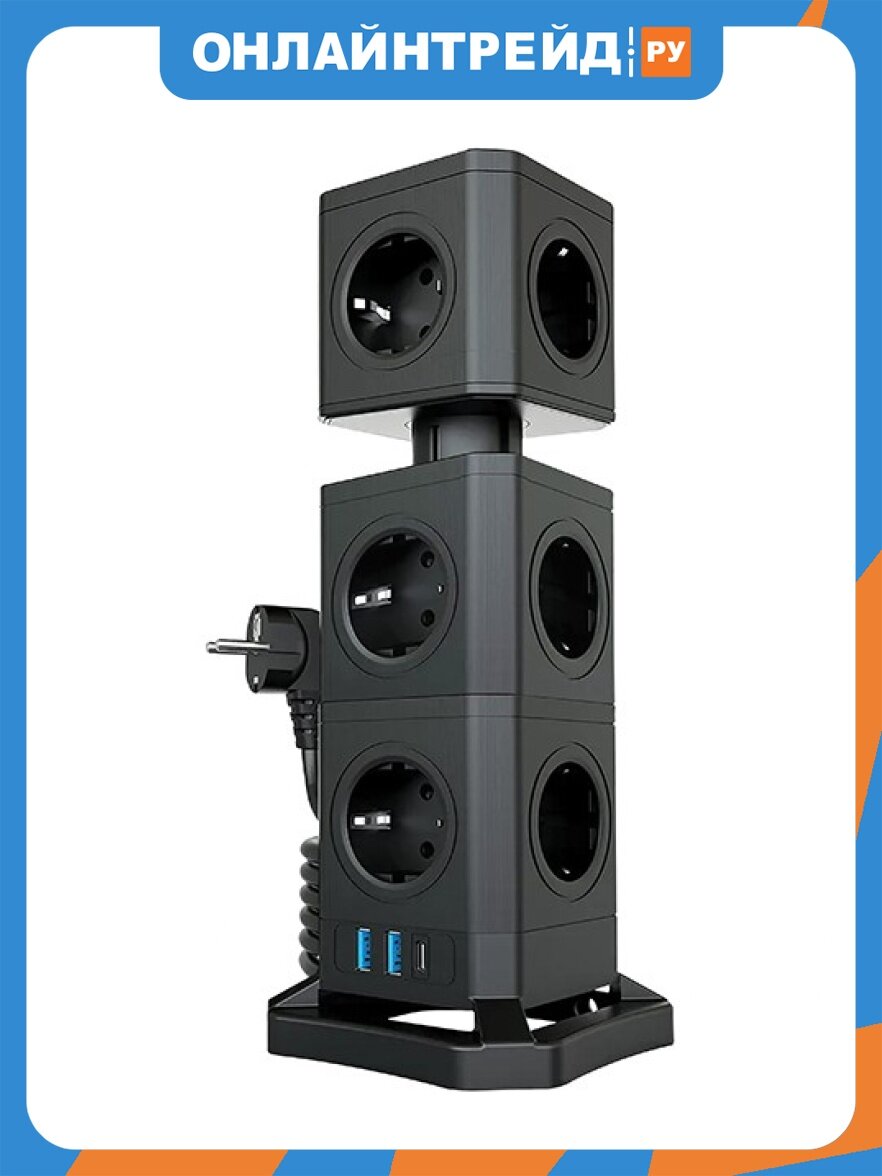 Сетевой фильтр Qumo Power Block System PD1+2 12SP5U (P-0003)(13 розеток, 3*1,0мм, 2xUSB, 2м) черный