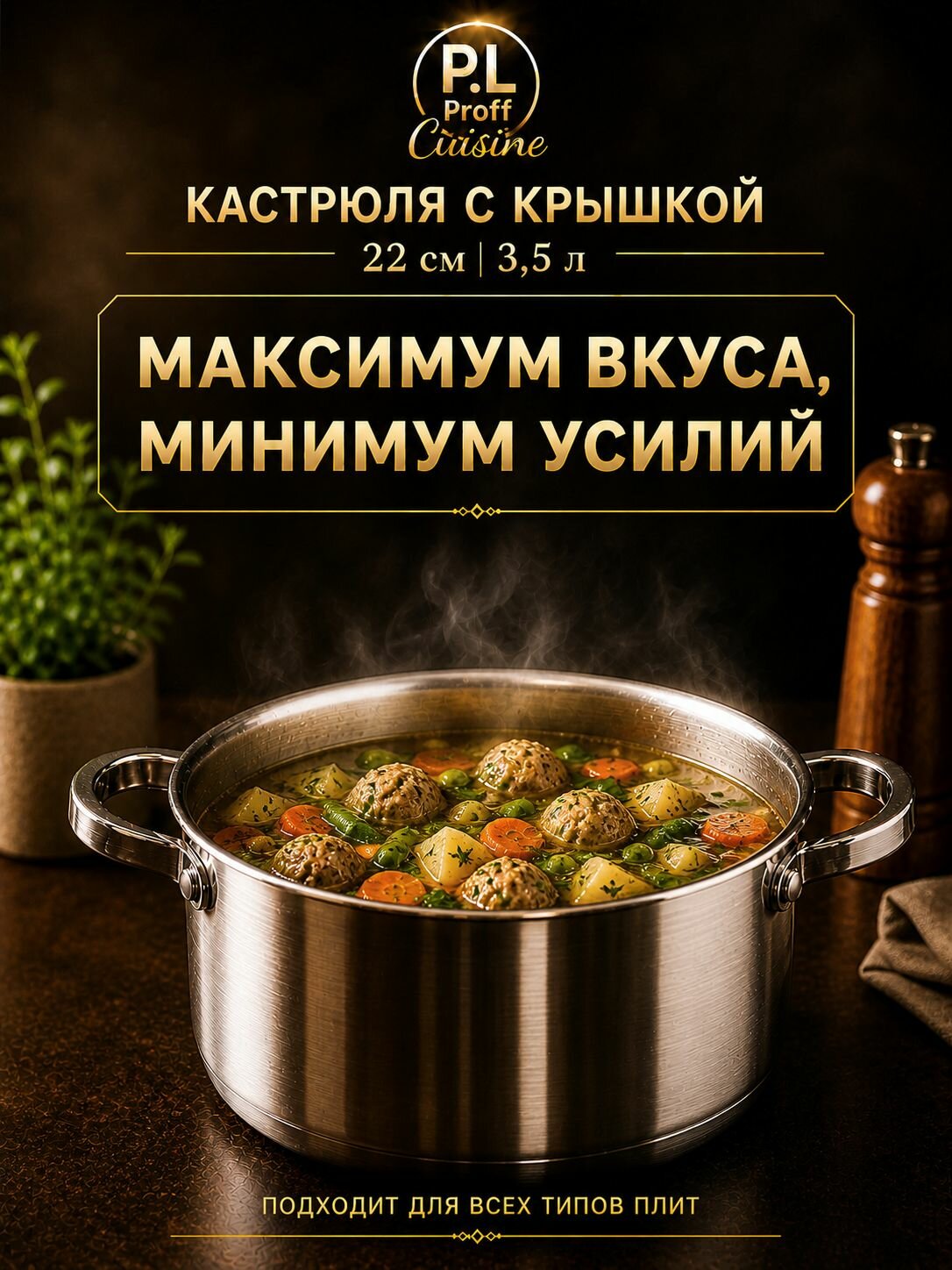 Кастрюля 3.5 л с крышкой P.L. Proff Cuisine New Kitchen Honeycombs TRI-PLY, нержавеющая сталь, индукционная, 22 см, антипригарная