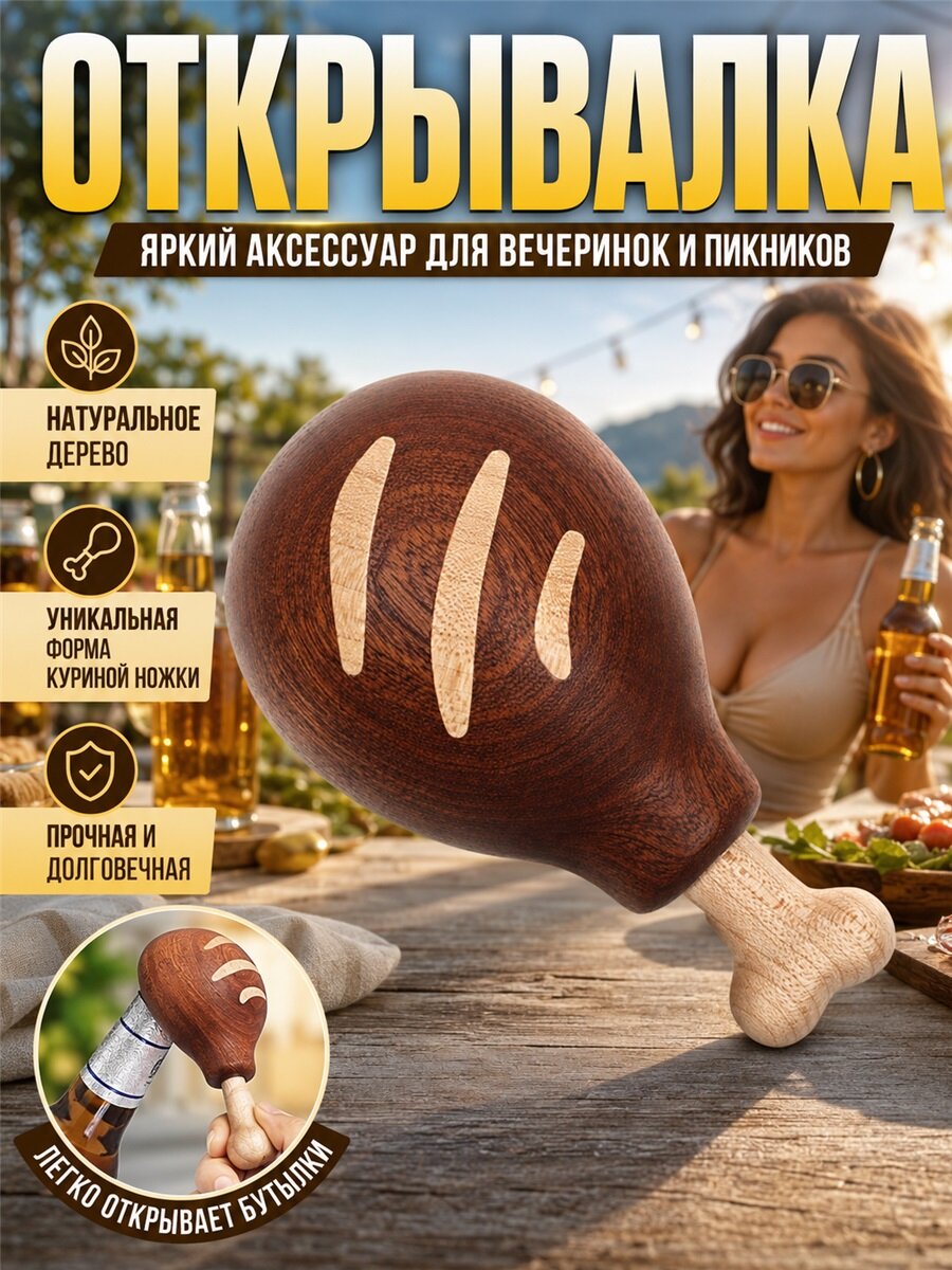 Открывалка деревянная в виде куриной ножки, прочная конструкция, забавный аксессуар для открытия пивных бутылок на природе и дома
