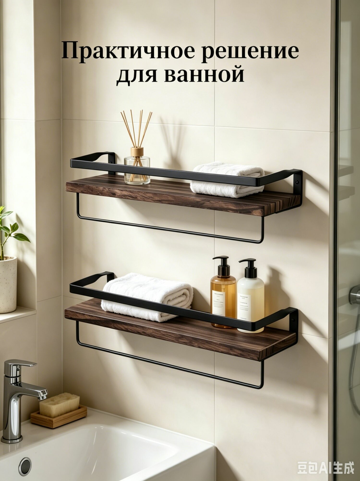 Деревянная настенная полка двухъярусная для гостиной кухни ванной комнаты размер 40x15x7,2 см цвет коричневый