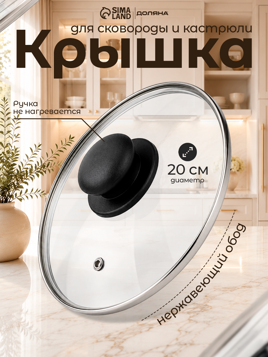 Крышка Доляна, пластик/стекло/нержавеющая сталь, 20 см, прозрачный