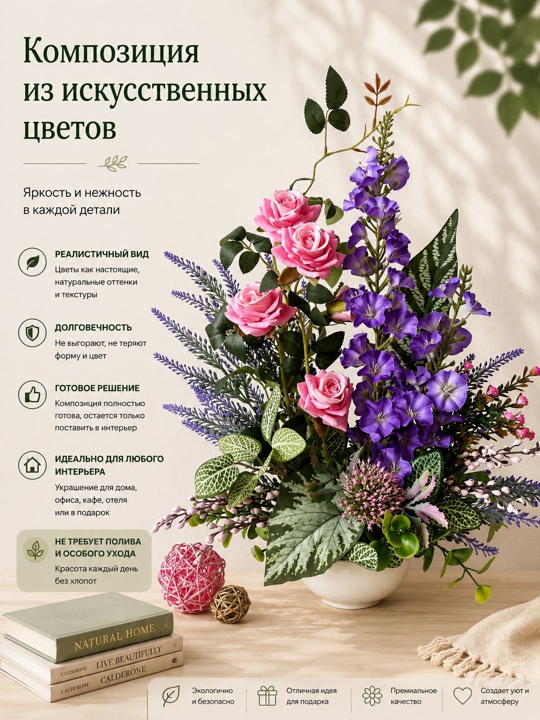 Искусственные цветы, в кашпо, для декора, Роза, Пион, Лаванда от ФлораВи