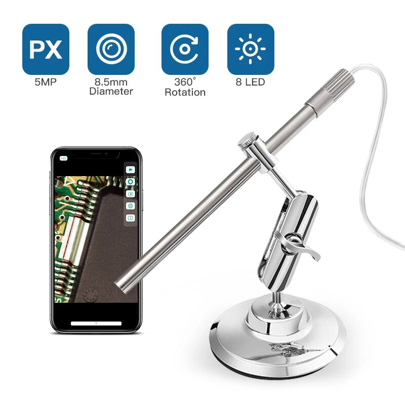 Микроскоп USB 5MP с 360° поворотом и 8 LED, диаметр 8.5mm