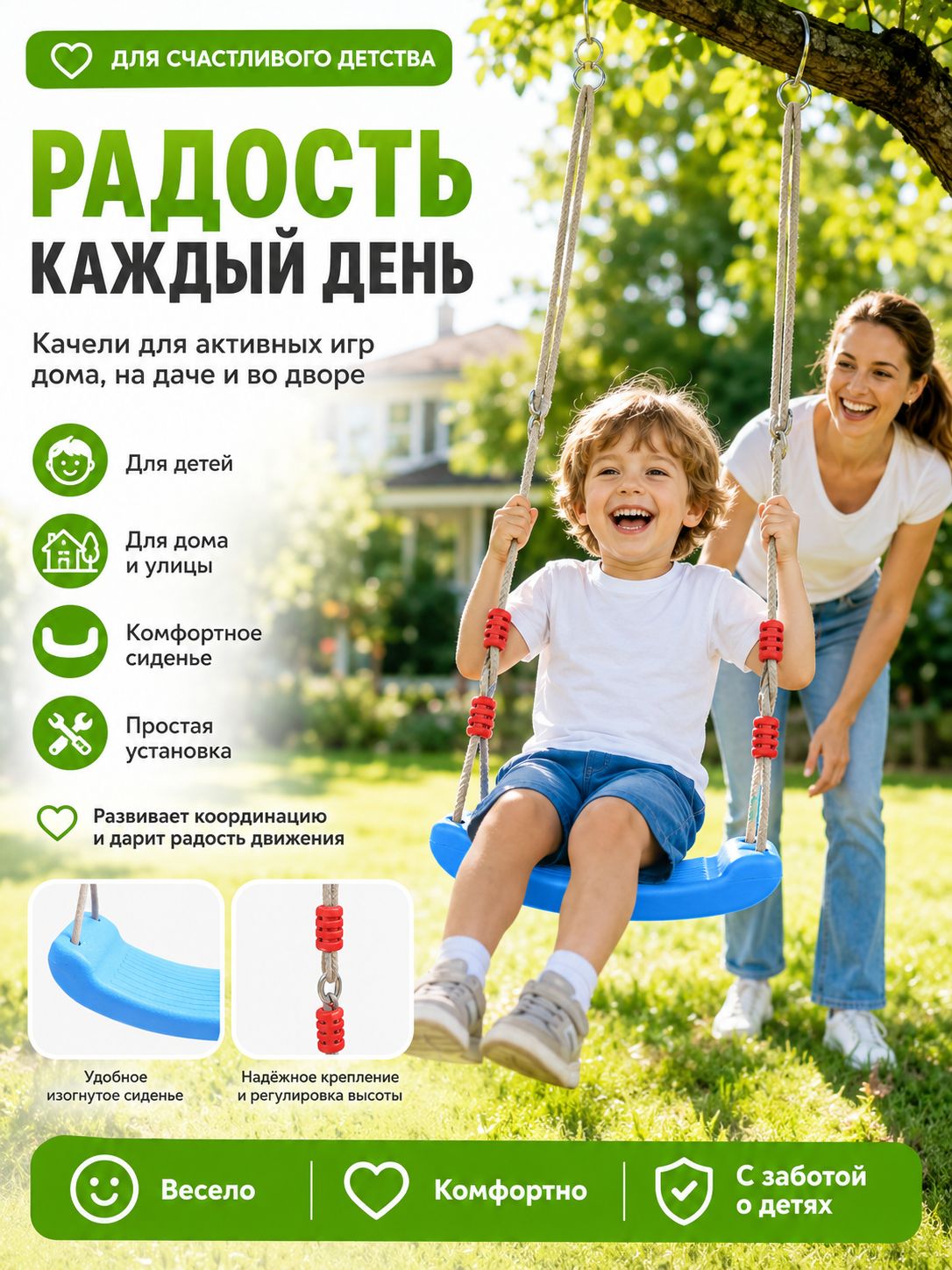 Качели детские уличные с креплением, красное сиденье с регулируемыми верёвками, комплект для сада, двора и дачи
