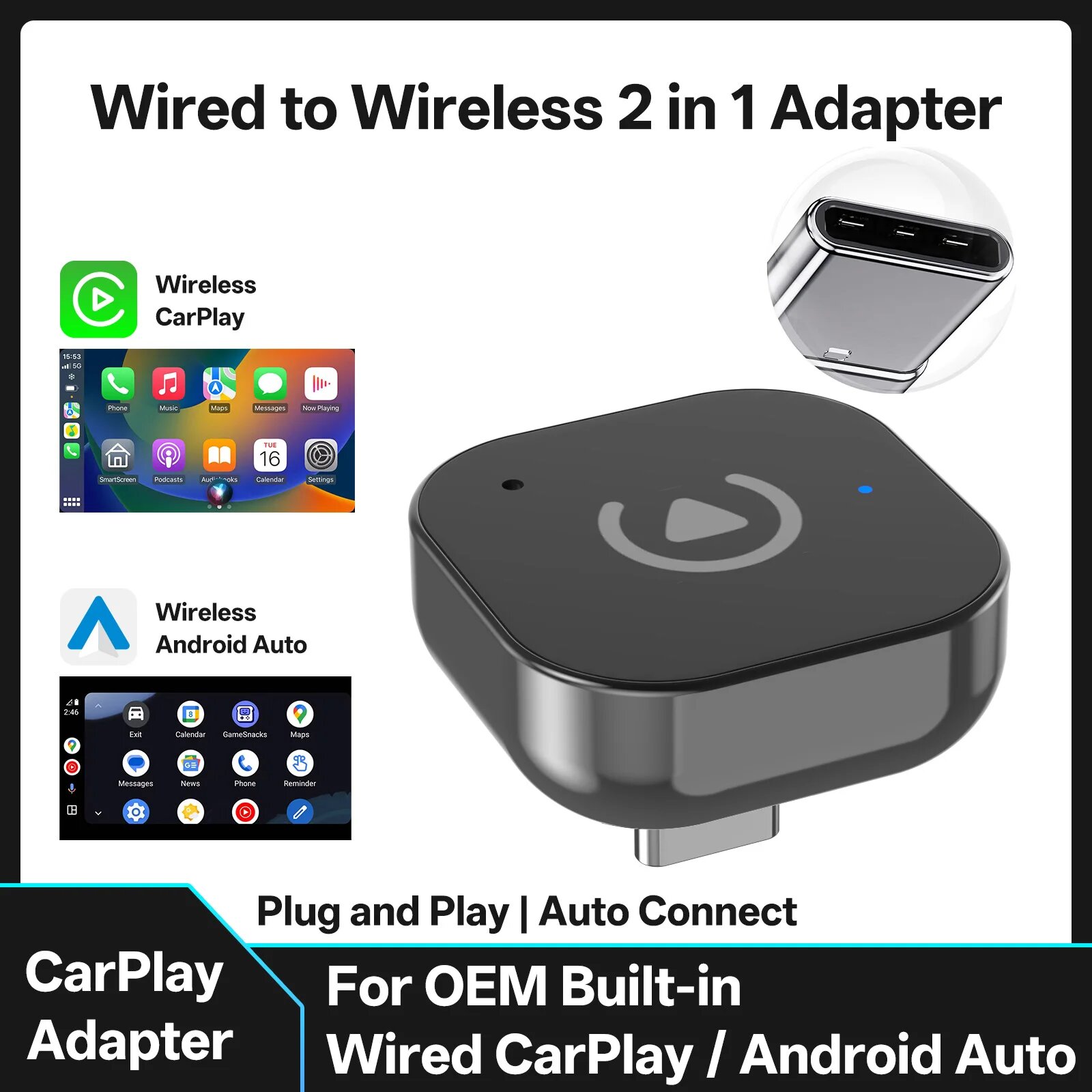 Беспроводной Адаптер CarPlay 2026 Для CarPlay И Android Auto, Порт Type-C, Преобразует Проводное Подключение В Беспроводное