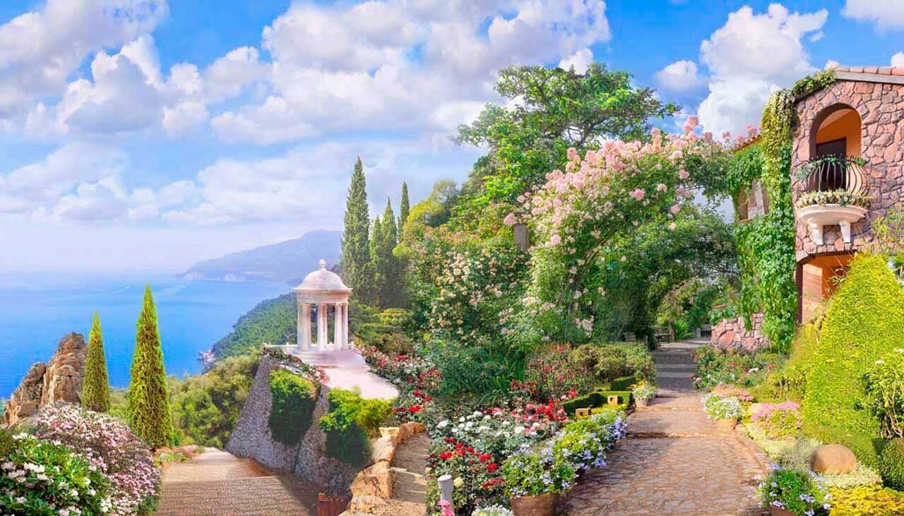 Фотообои Горная городская улочка на берегу Италии 7-014-M-Холст 270 x 300 см (ВхШ) Бесшовные, флизелиновые, влагостойкие обои MasterFresok