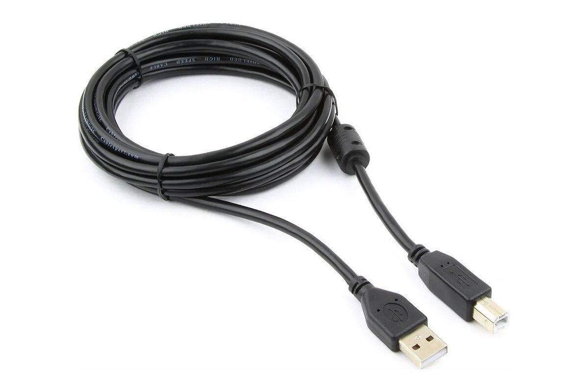 Cablexpert USB 2.0 кабель AM/BM 3 м, экранированный, ферритовые кольца, пакет, черный для ПК
