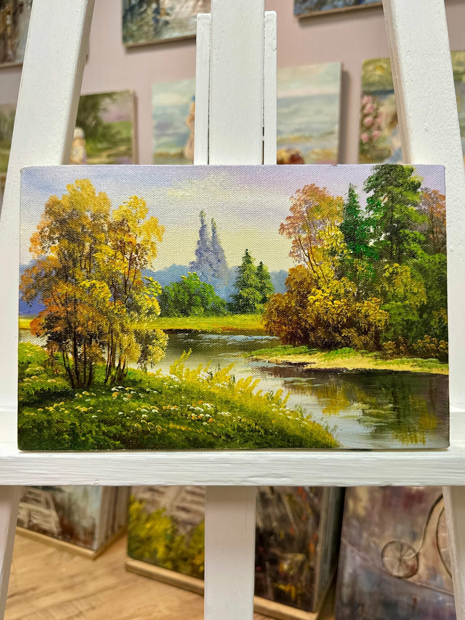 Картина маслом Осенний пейзаж, река, золотая осень 20х30 см. Художественная мастерская Грёзы.