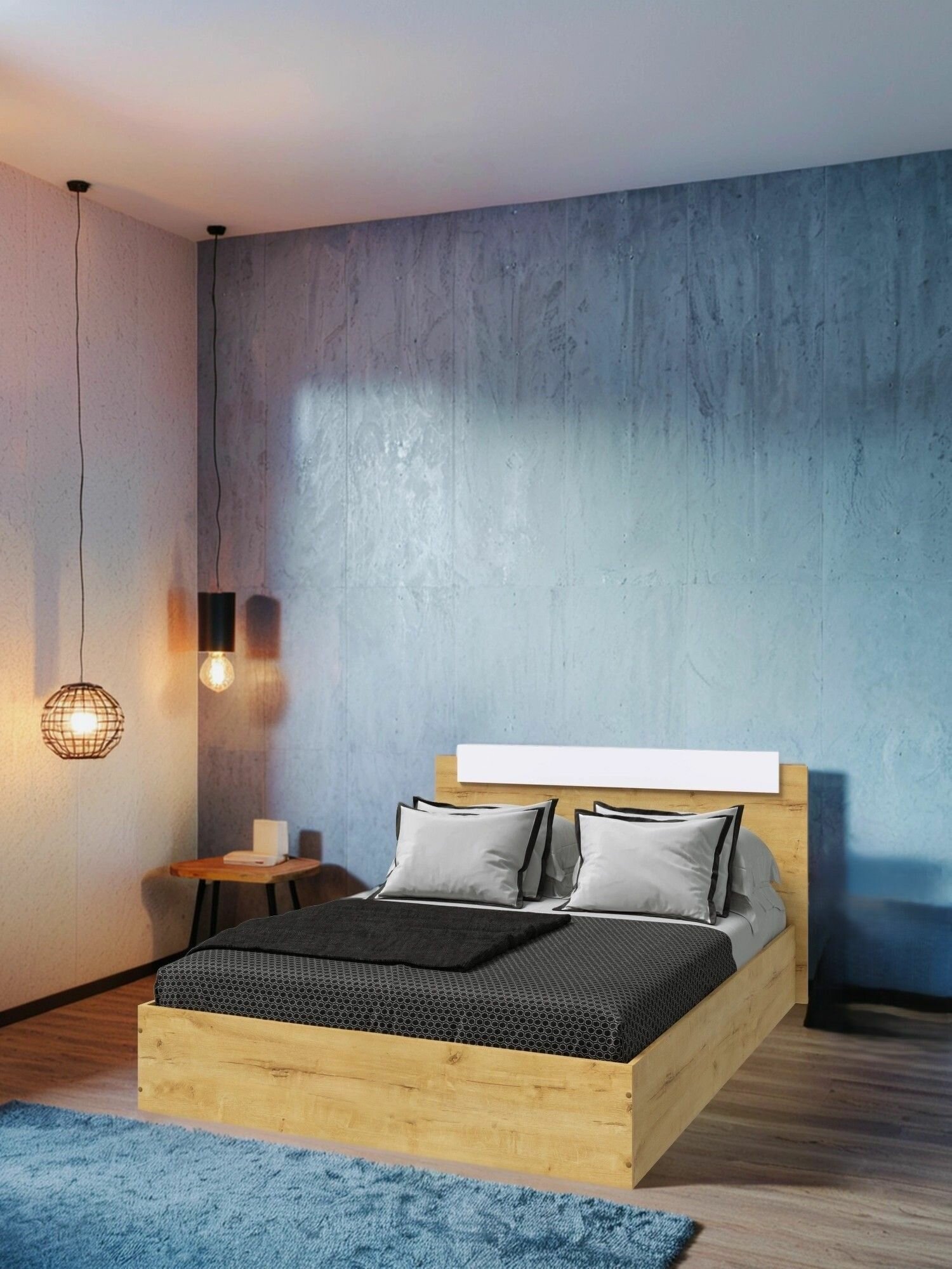 Двуспальная кровать Эко 140х200см Дуб Вотан / Белый гладкий